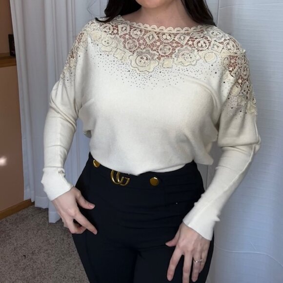 Tops | Embellished Floral Lace Yoke Sweater | Poshmark